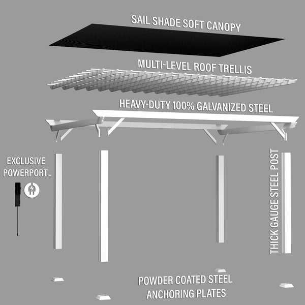16X12 Hawthorne Traditional Steel Pergola with Sail Shade Soft Canopy ...